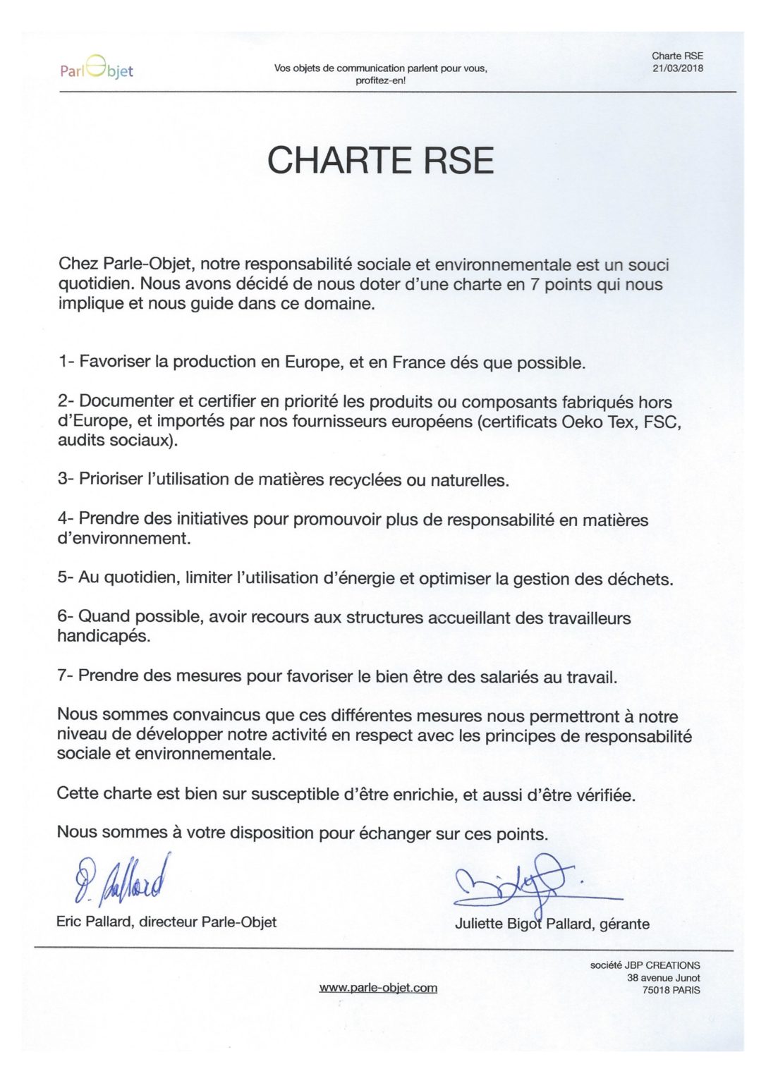 Notre charte RSE - Parle Objet